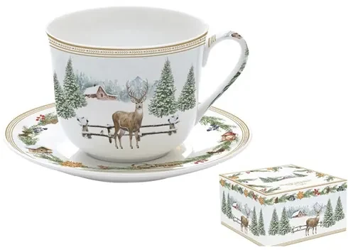 Porcelán reggelizőcsésze+alj 400ml, dobozban, White Forest | BIANO
